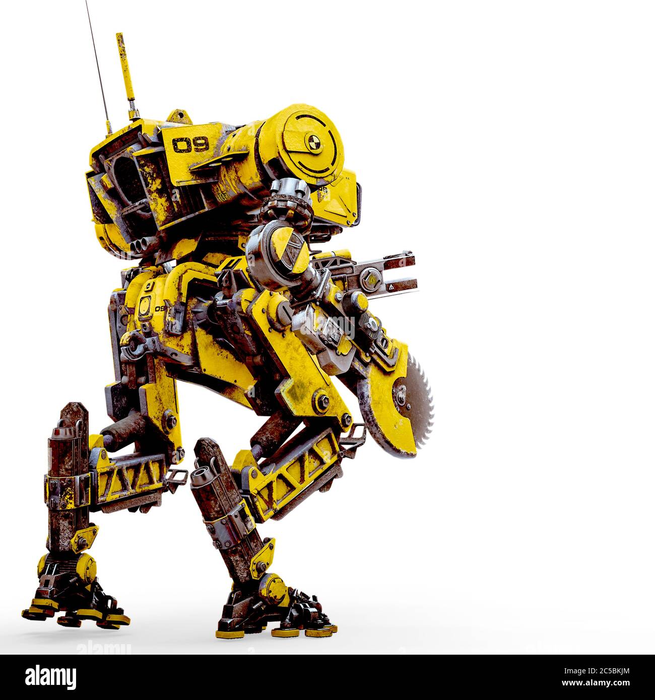 yellow combat mech is ready for war in a white background rear view, 3d ...