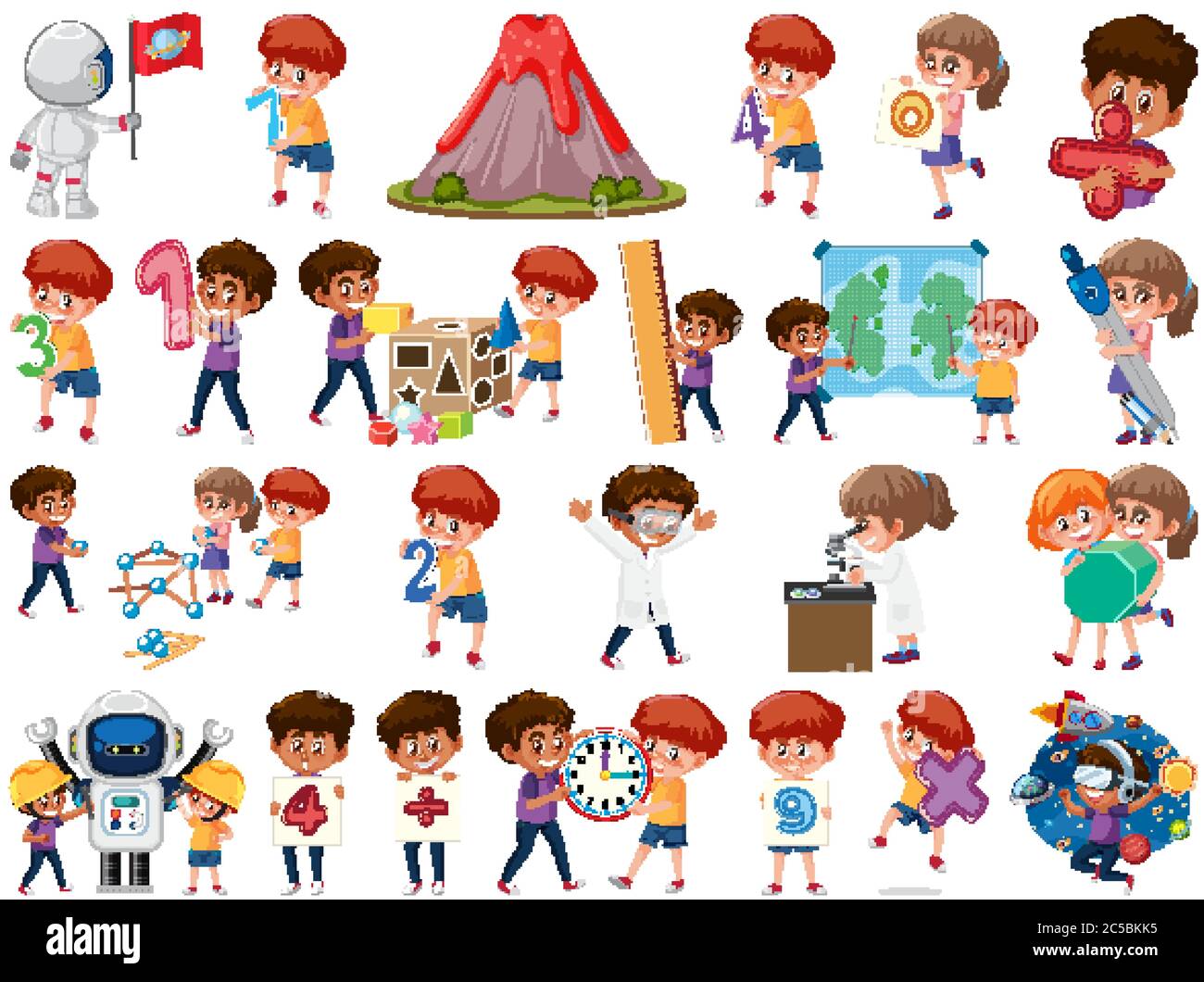 Set of children with education objects isolated illustration Stock ...