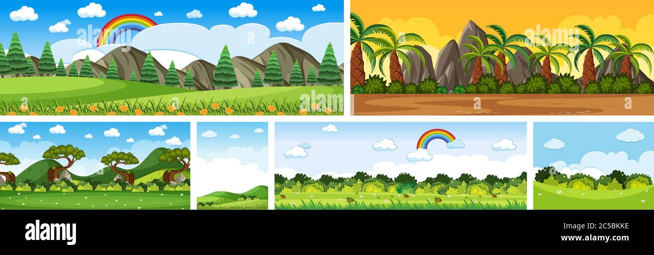 Set of different nature place scene in vertical and horizon scenes at ...