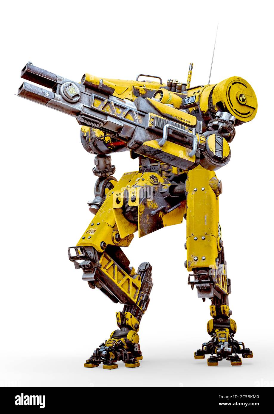 yellow combat mech load a gun in a white background, 3d illustration ...