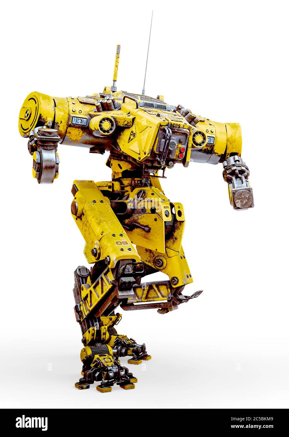 yellow combat mech in action in a white background, 3d illustration ...