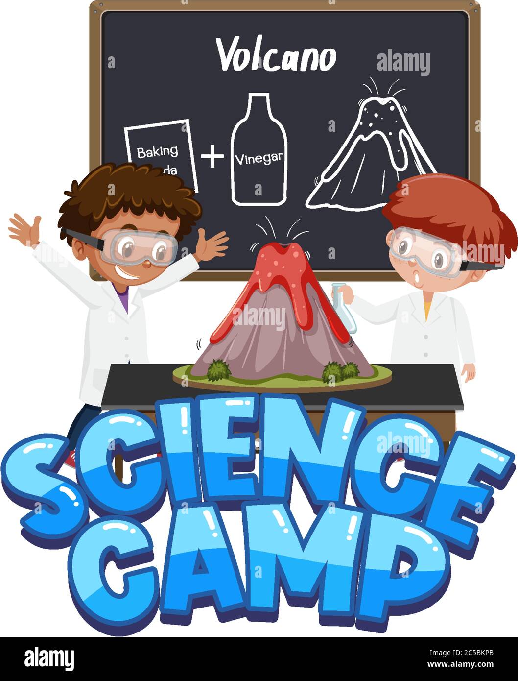 Science camp logo and children with volcano science experiment ...