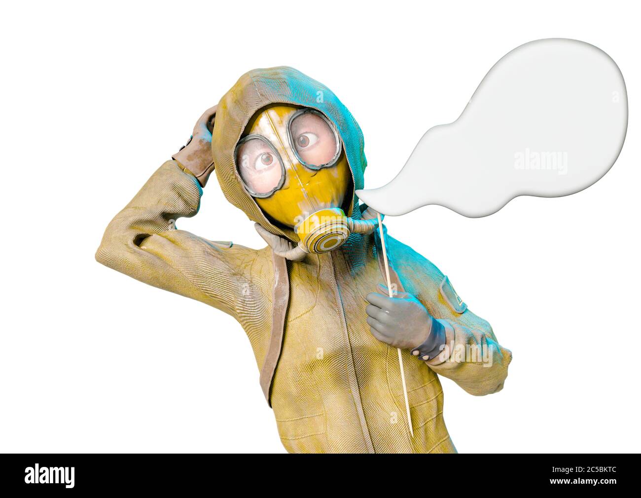 radioactive cartoon is holding a text bubble in white background, 3d ...