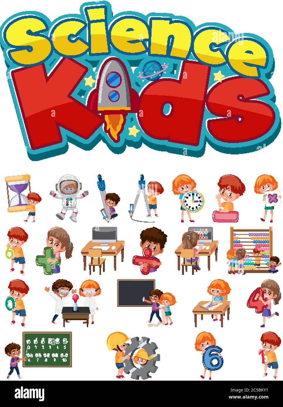Science kids logo and set of children with education objects isolated ...