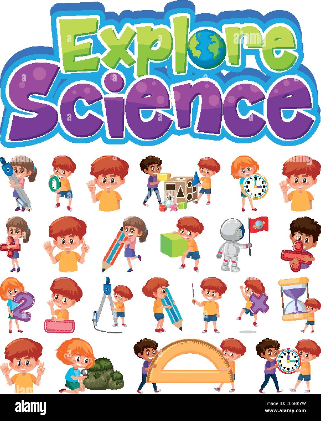 Explore science logo and set of children with education objects ...
