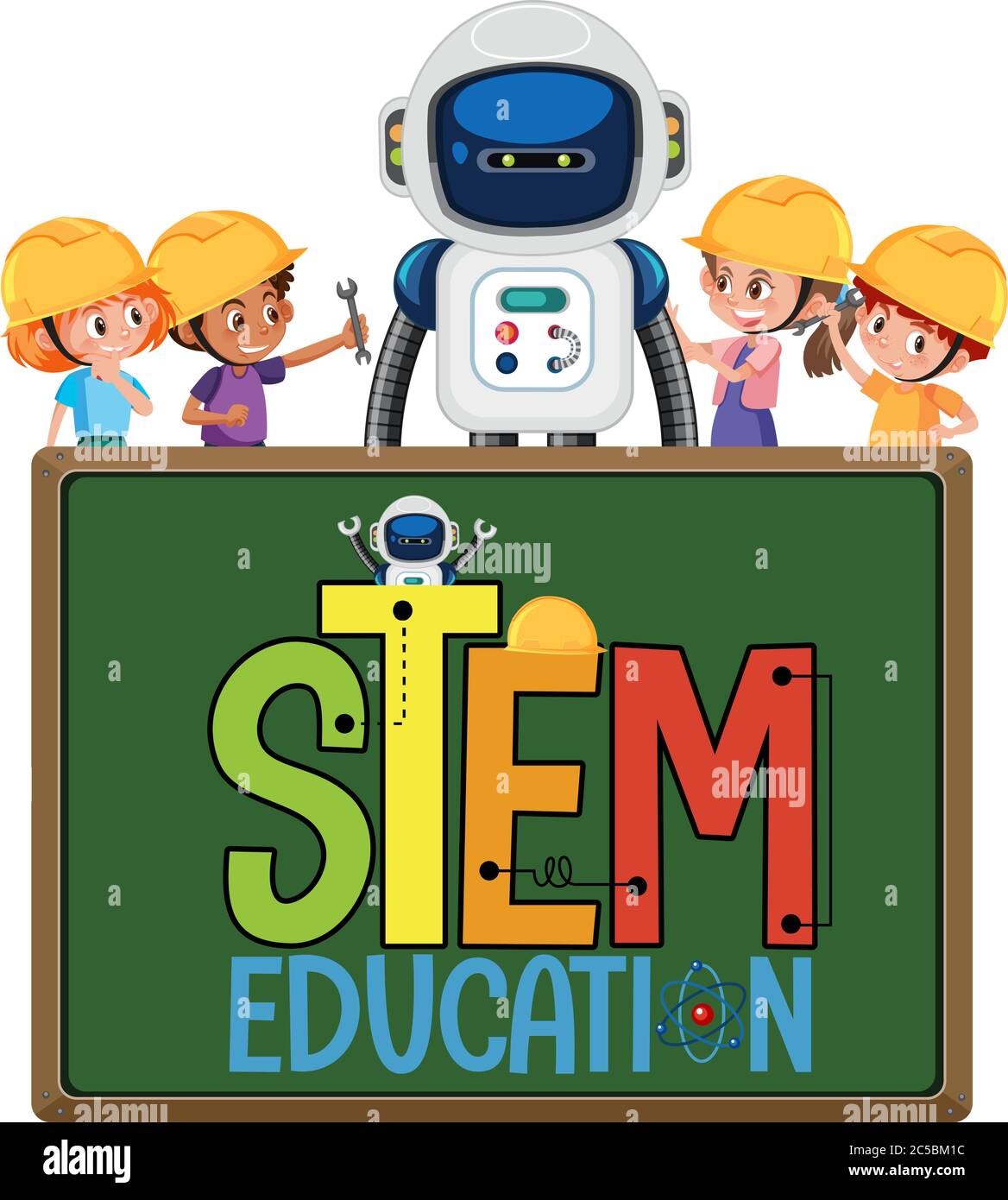 Stem education logo with kids wearing engineer and robot illustration ...