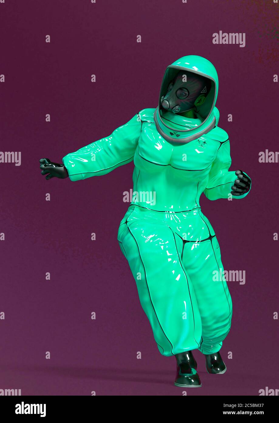 woman wearing a biohazard suit in action, 3d illustration Stock Photo ...