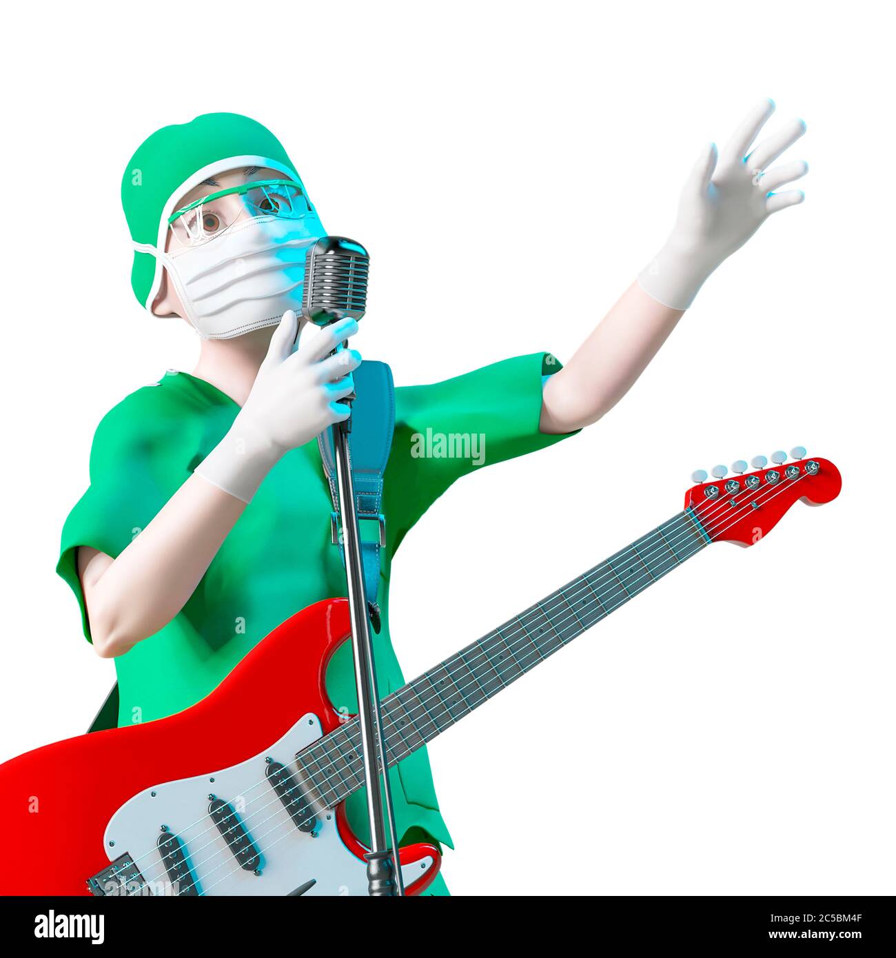 doctor cartoon is singing and playing guittar in white background close ...