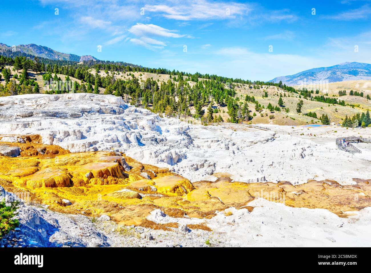 Aerial view of the lower terraces of Mammoth Hot Springs at Yellowstone ...