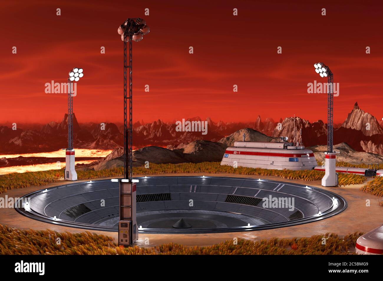 base in another planet rocket launch base view, 3d illustration Stock ...