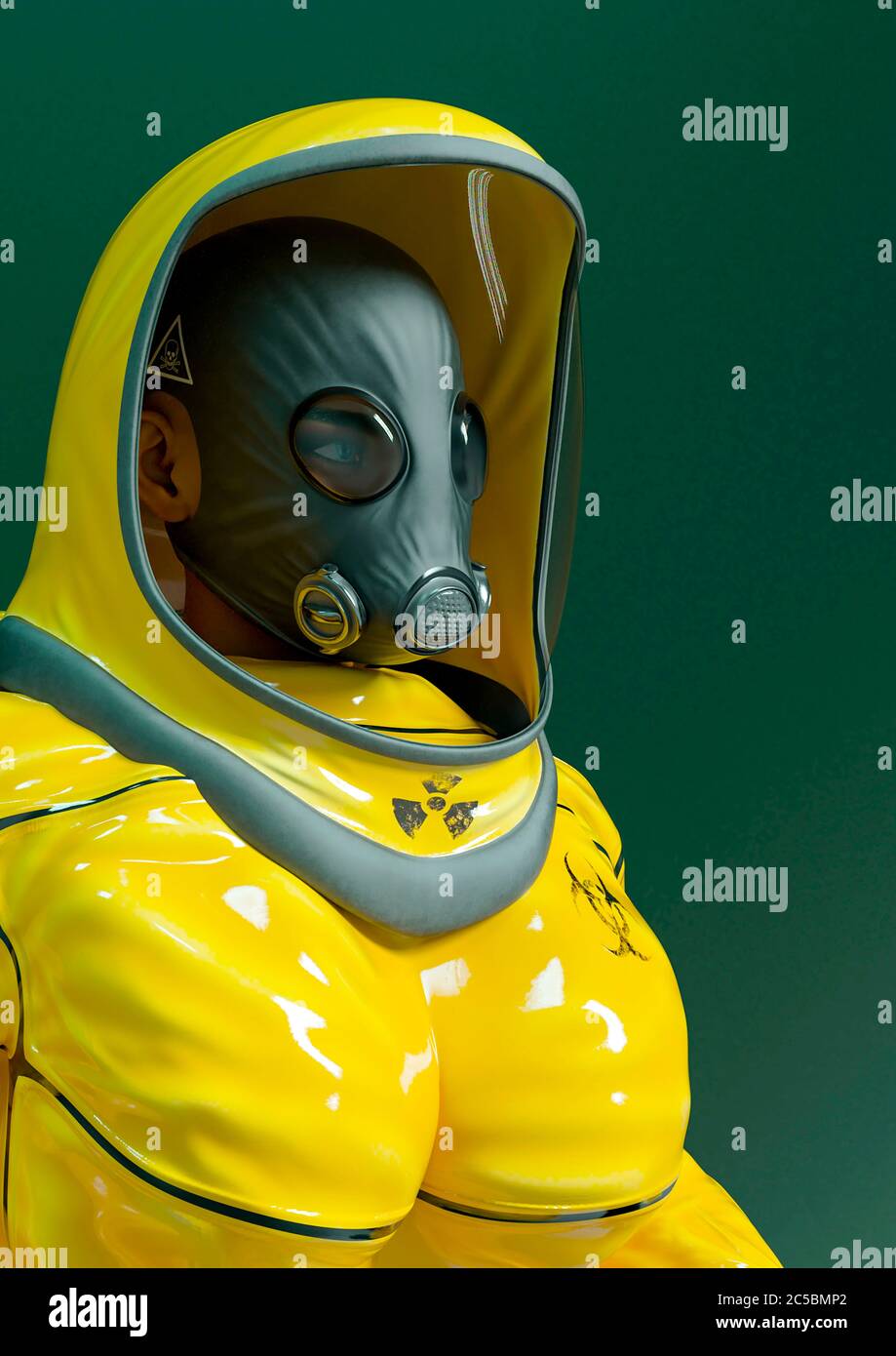 woman wearing a biohazard suit id portrait, 3d illustration Stock Photo ...