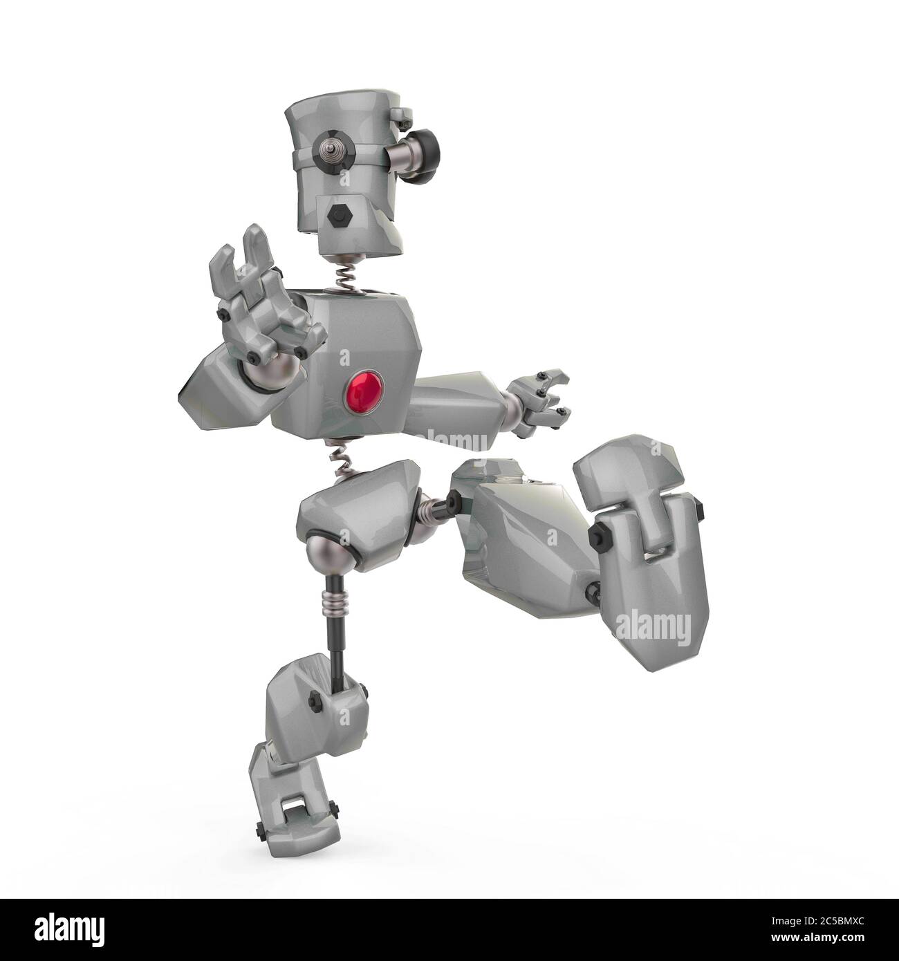 funny grey robot cartoon kicking the air in a white background., 3d ...