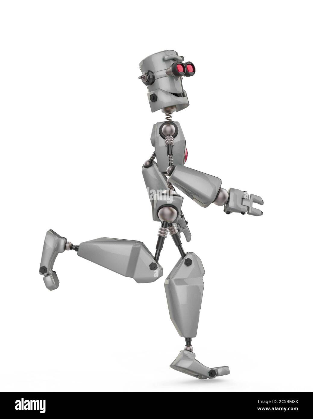 funny grey robot cartoon jogging in a white background side view, 3d ...