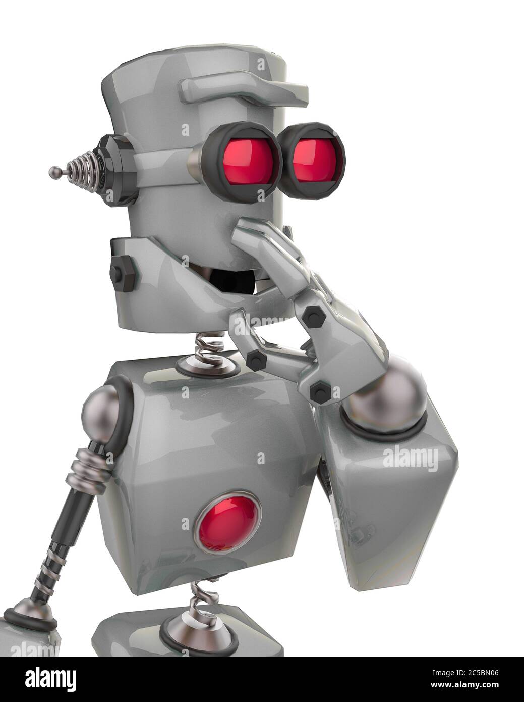 funny grey robot cartoon is thinking about in a white background close ...