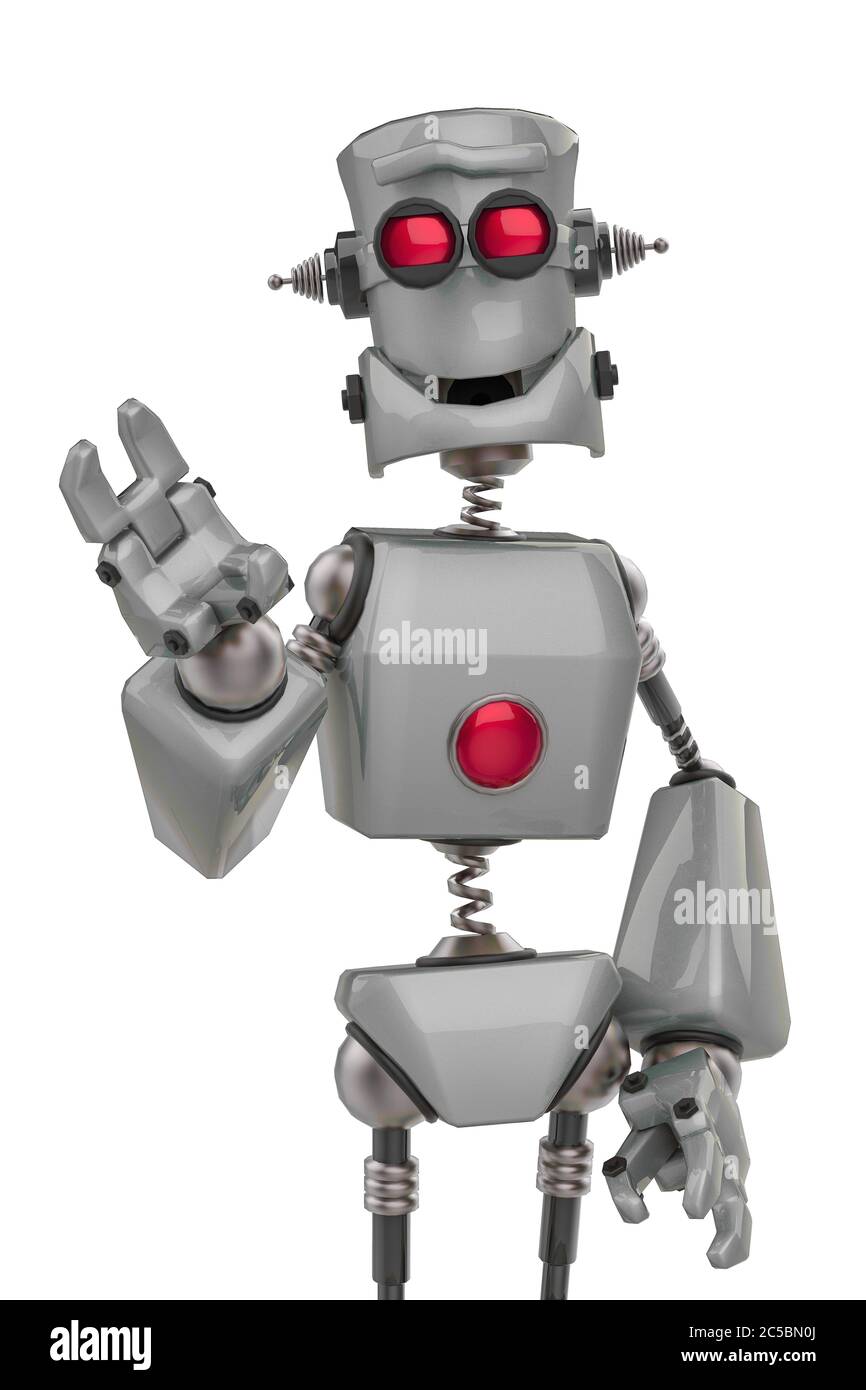 funny grey robot cartoon saying hello in a white background, 3d ...