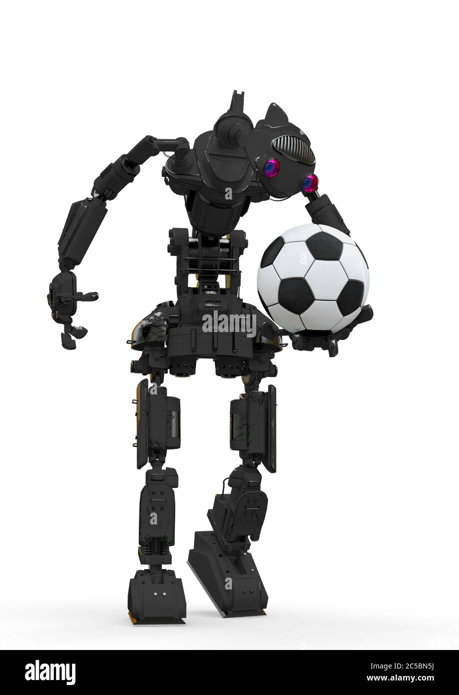 friendly robot is holding a football ball in white background, 3d ...