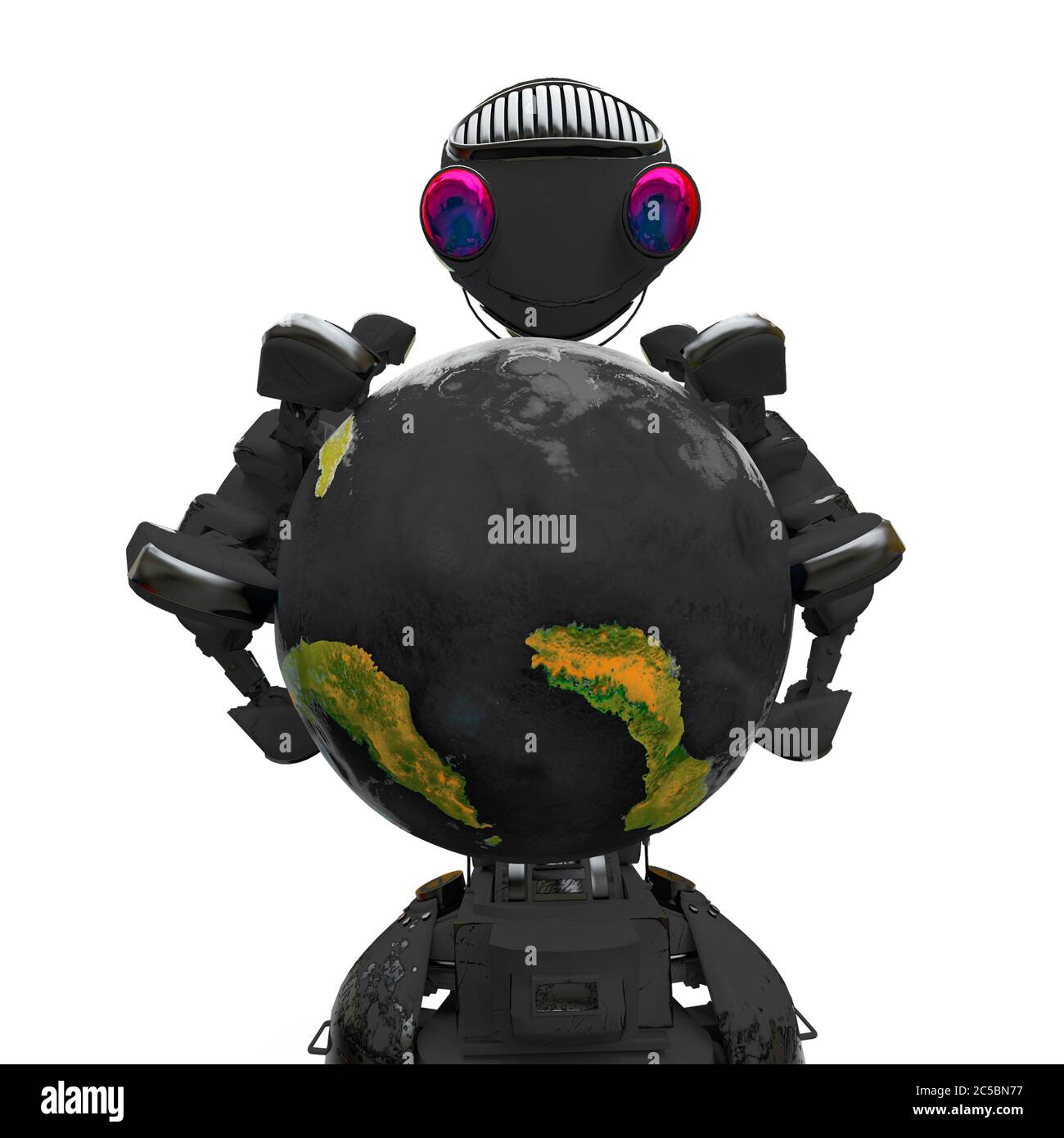 friendly robot is holding a planet on his hands in white background ...
