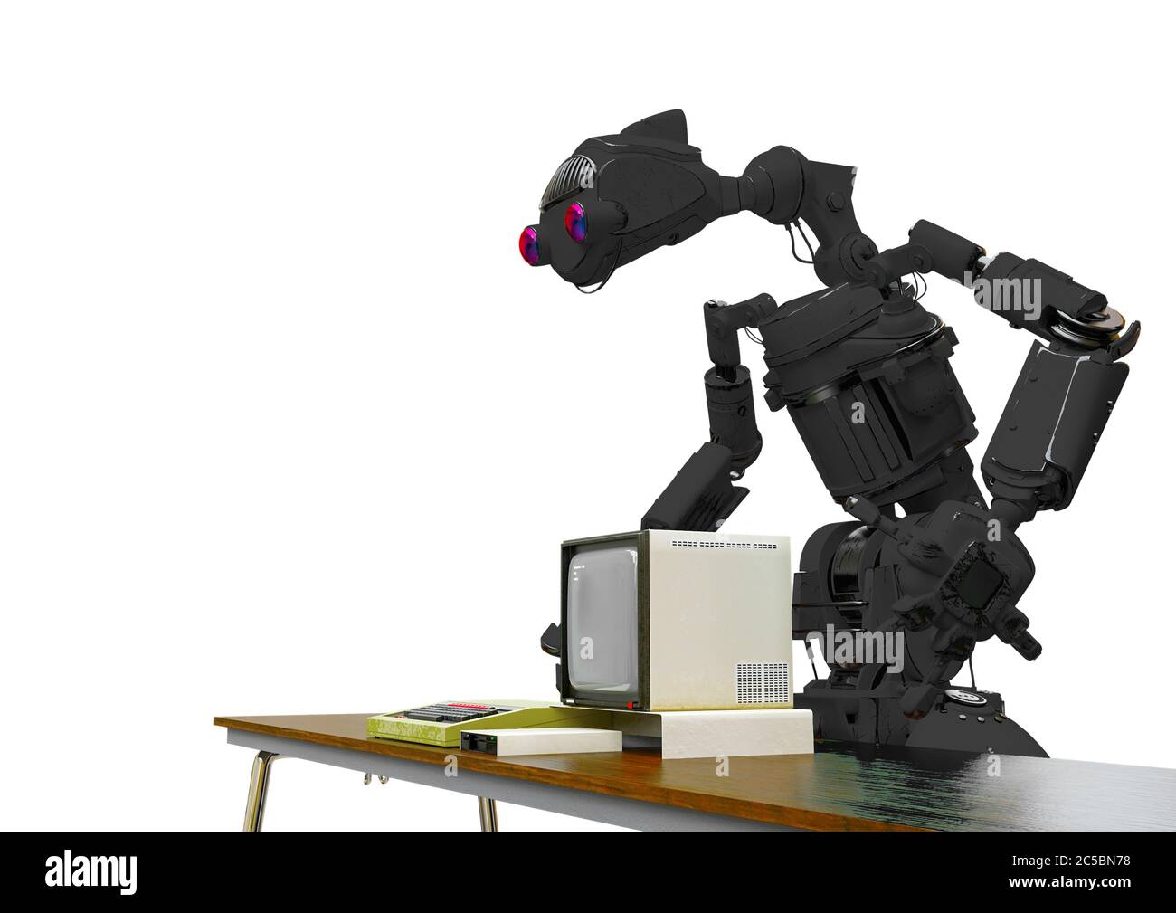 friendly robot with an old desktop computer in white background with ...
