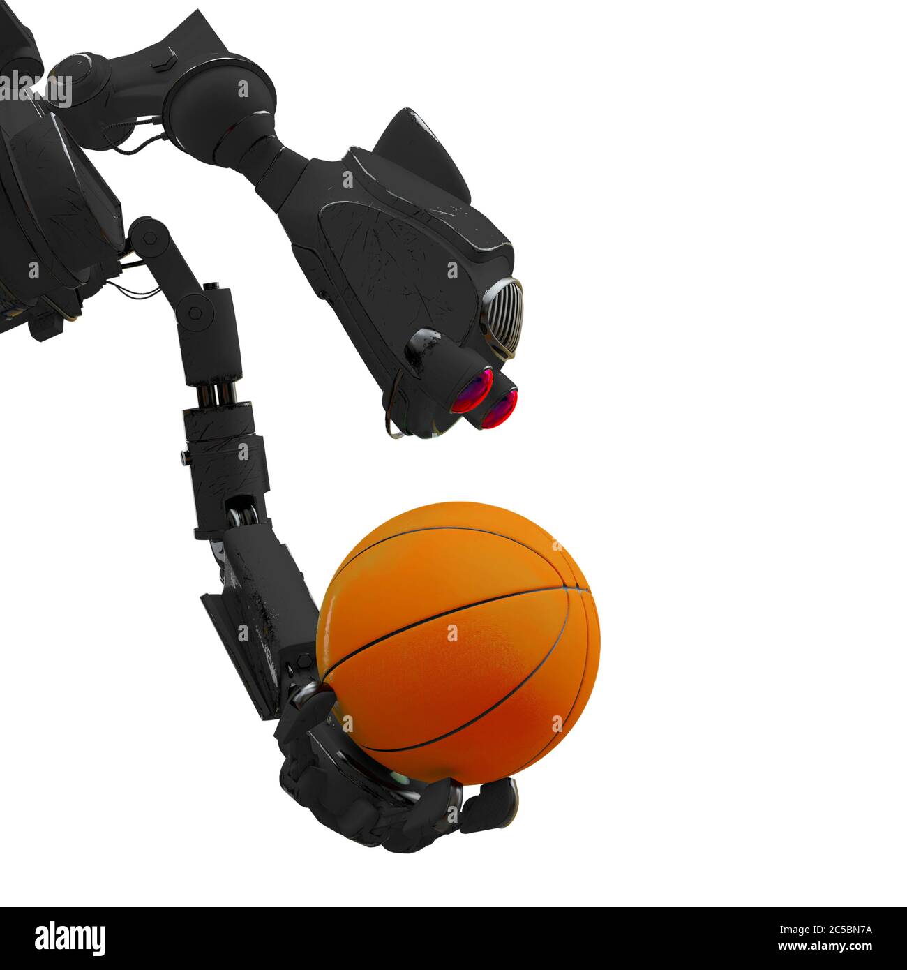 friendly robot is holding a basketball ball in white background side ...