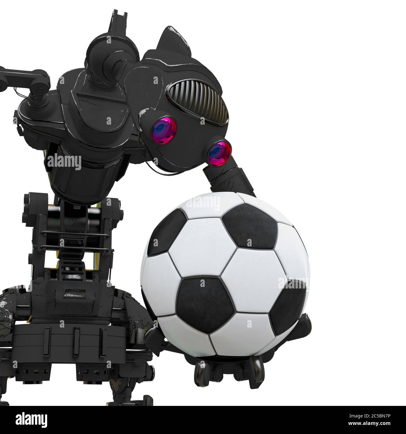 friendly robot is holding a football ball in white background close up ...
