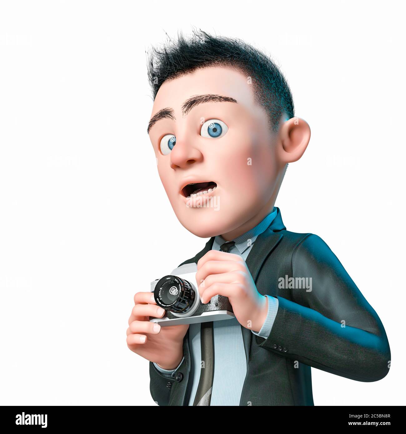 businessman cartoon holding a photographic camera is afraid in white ...