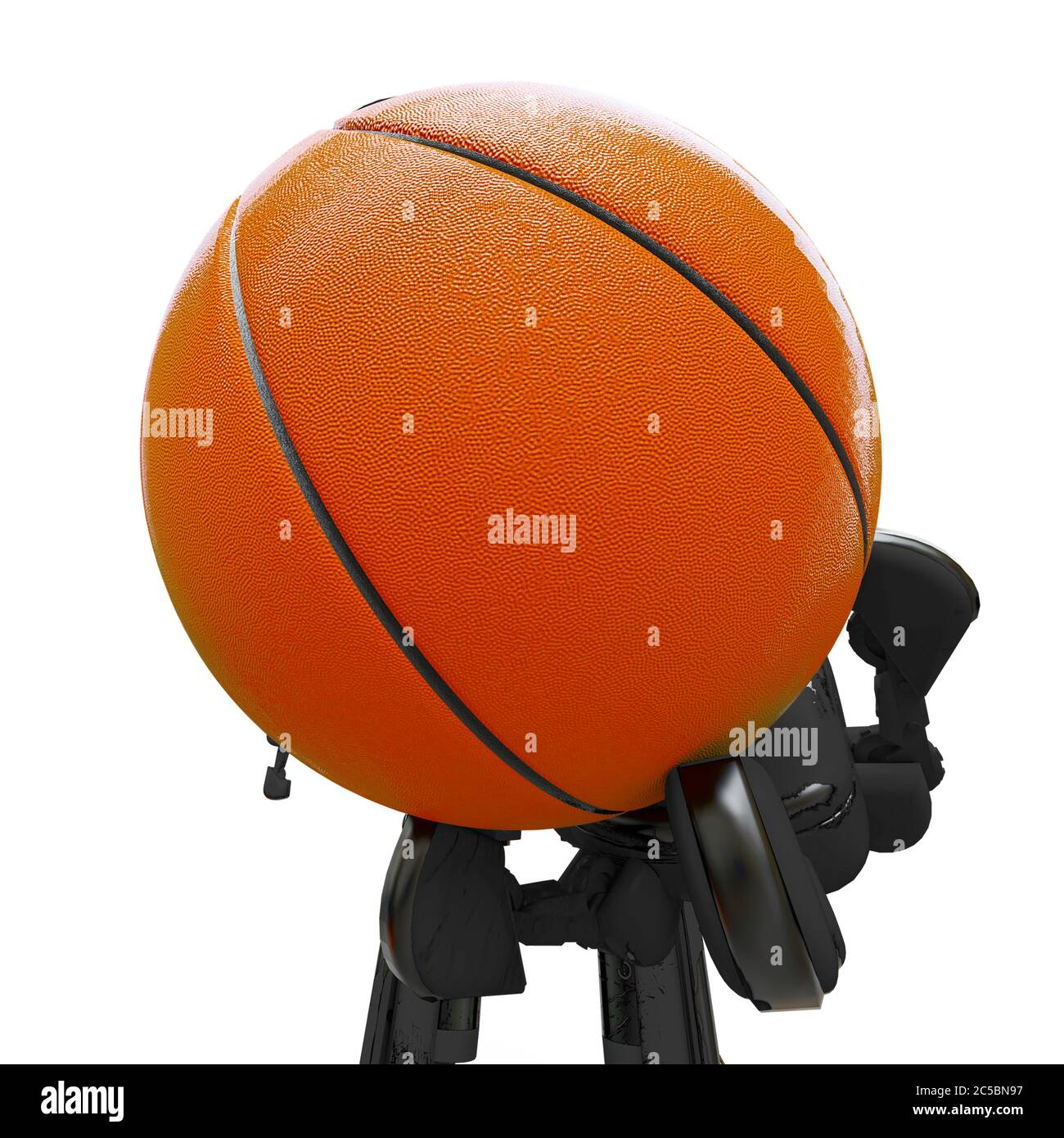 friendly robot is holding a basketball ball in white background close ...