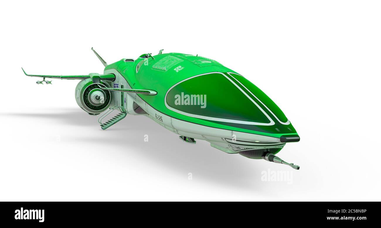 cool spaceship parked on white background side view, 3d illustration ...