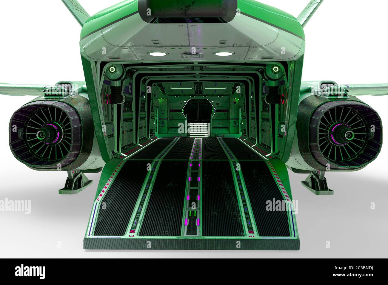 cool spaceship parked rear view close up on white background, 3d ...