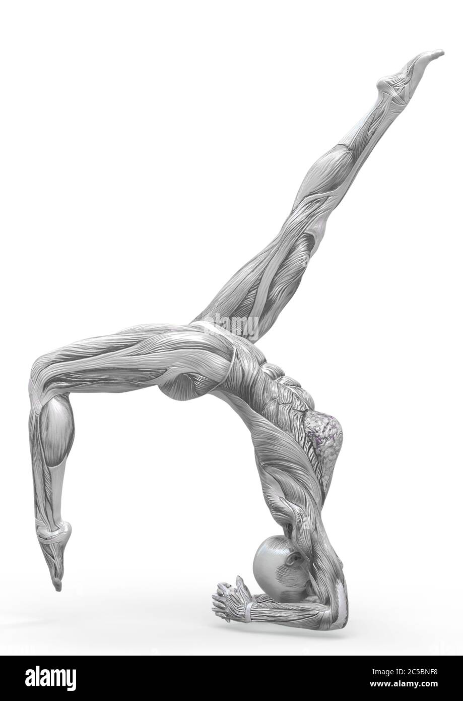 muscle woman doing a scorpion with crow variation pose in white ...