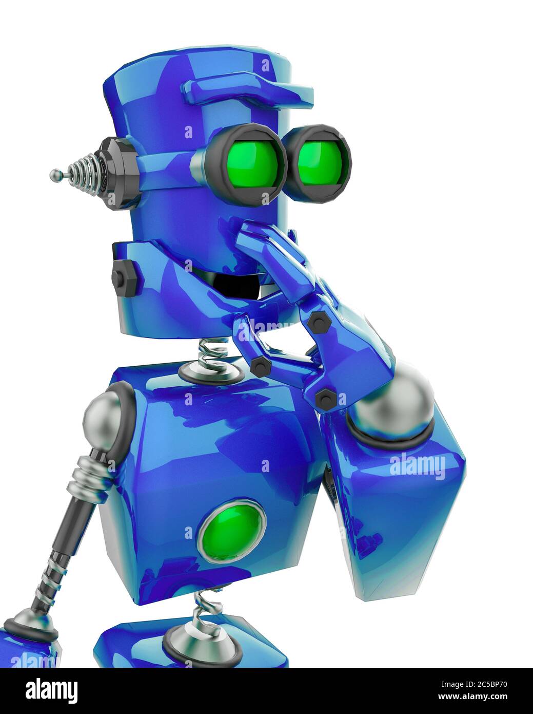 funny robot cartoon is thinking about in a white background close up ...