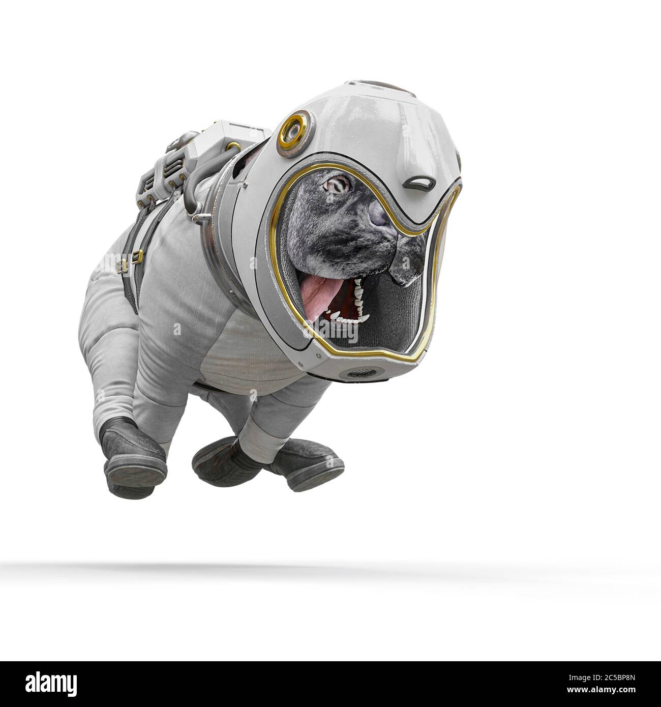 dog the astronaut running against the gravity in white background, 3d ...