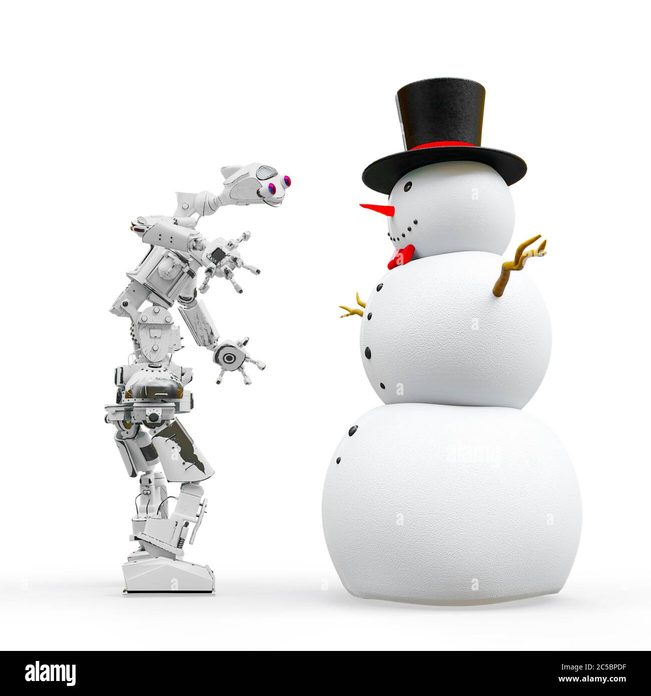 friendly robot is building a snow man in white background, 3d ...