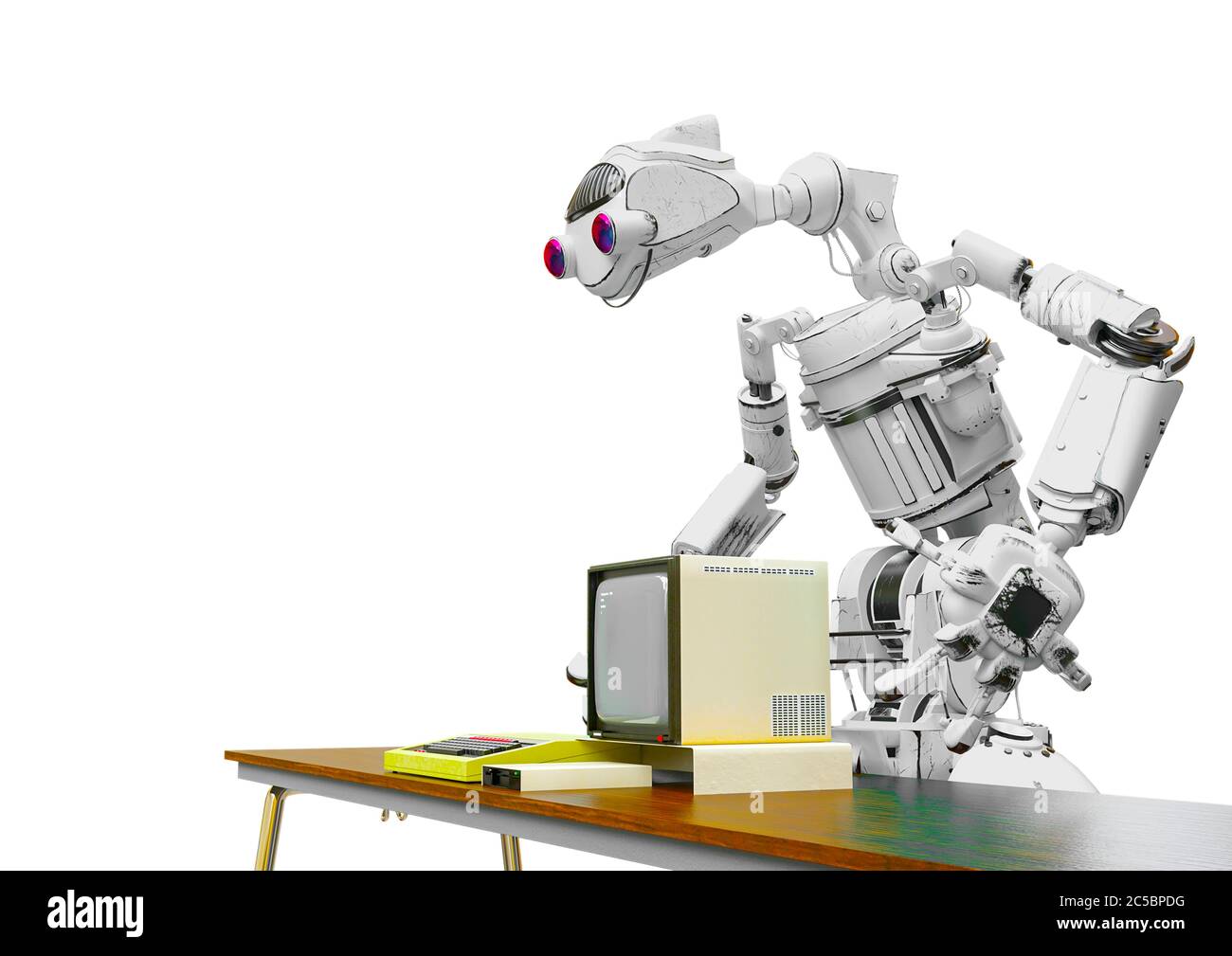 friendly robot with an old desktop computer in white background with ...