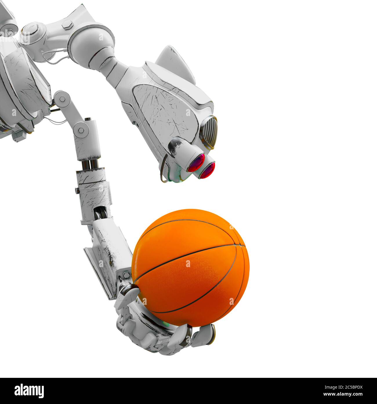 friendly robot is holding a basketball ball in white background side ...