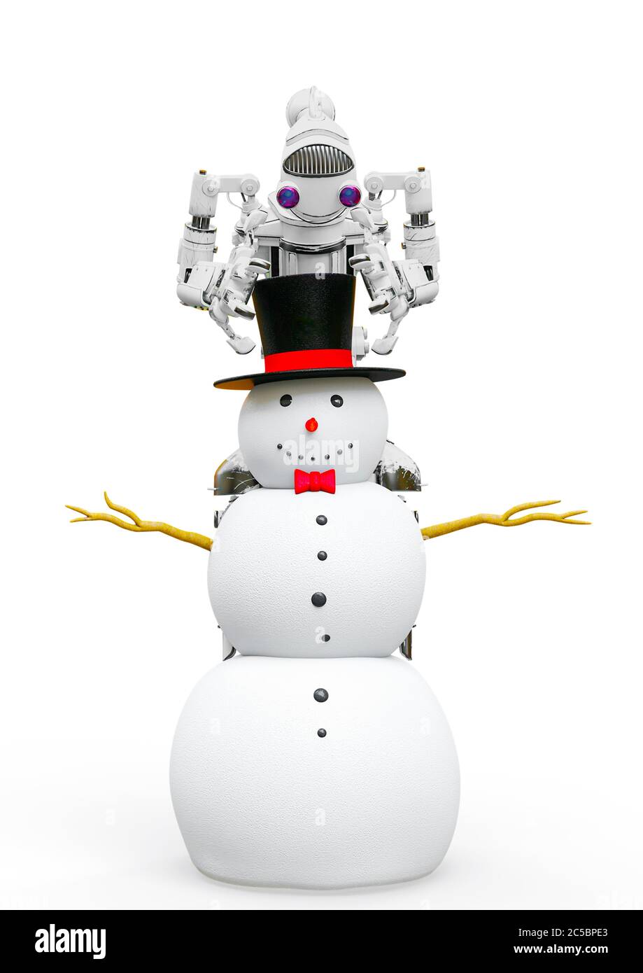 friendly robot is building a snow man in white background front view ...