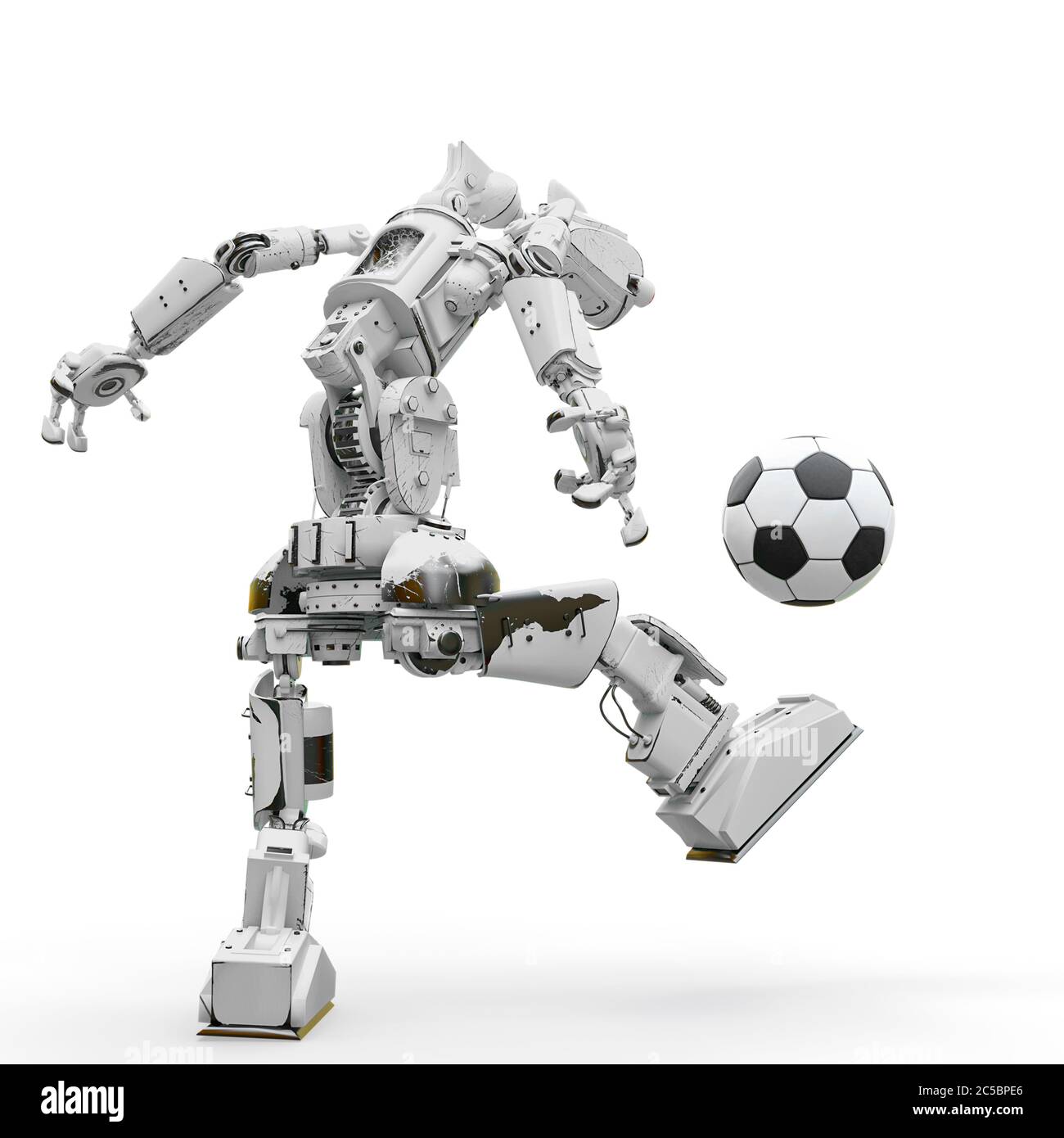friendly robot is playing football in white background rear view, 3d ...