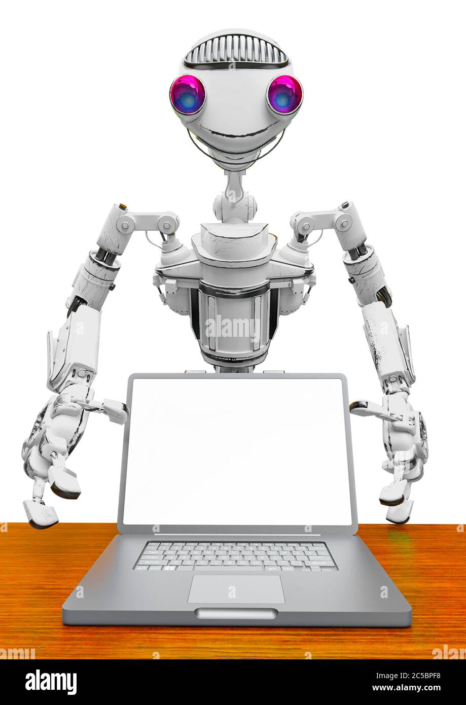 friendly robot with a laptop in white background close up, 3d ...