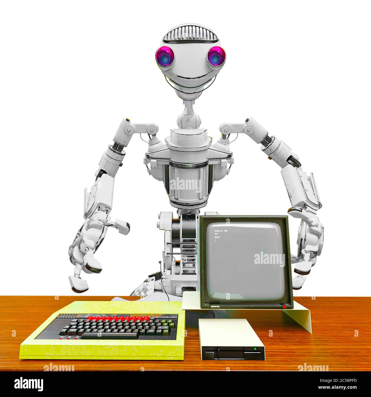 friendly robot with an old desktop computer in white background close ...