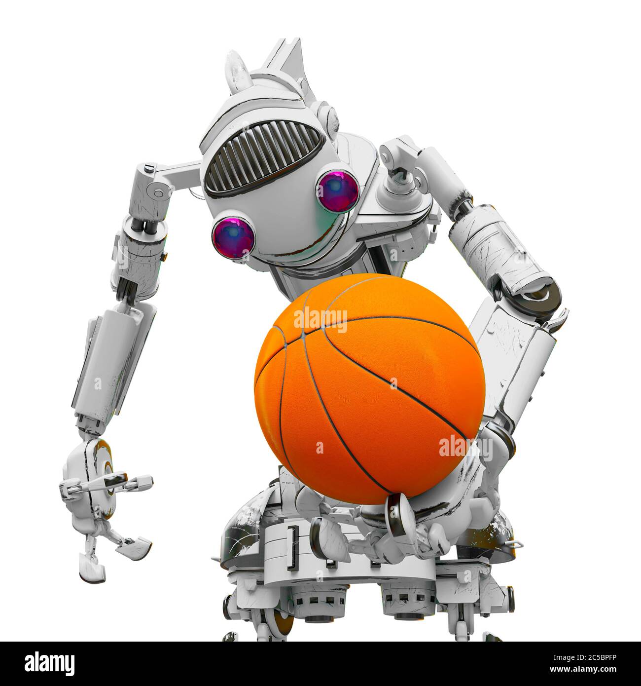 friendly robot is holding a basketball ball in white background, 3d ...