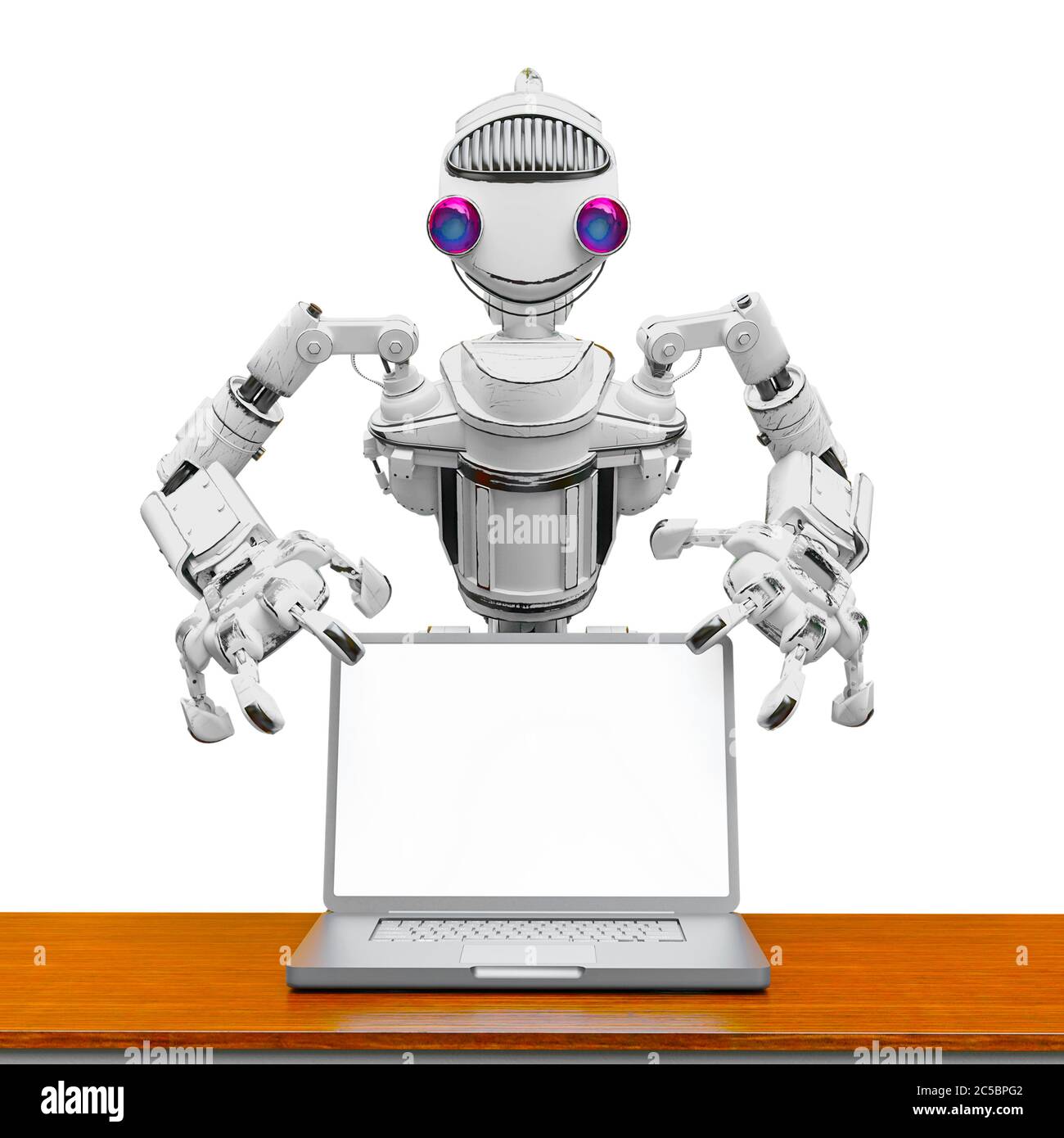 friendly robot with a laptop in white background, 3d illustration Stock ...