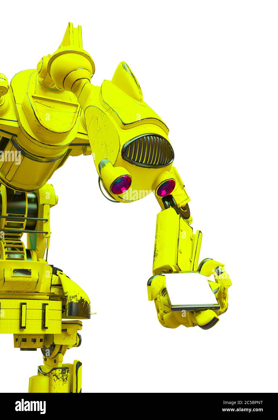 friendly robot is holding a cellphone in white background, 3d ...