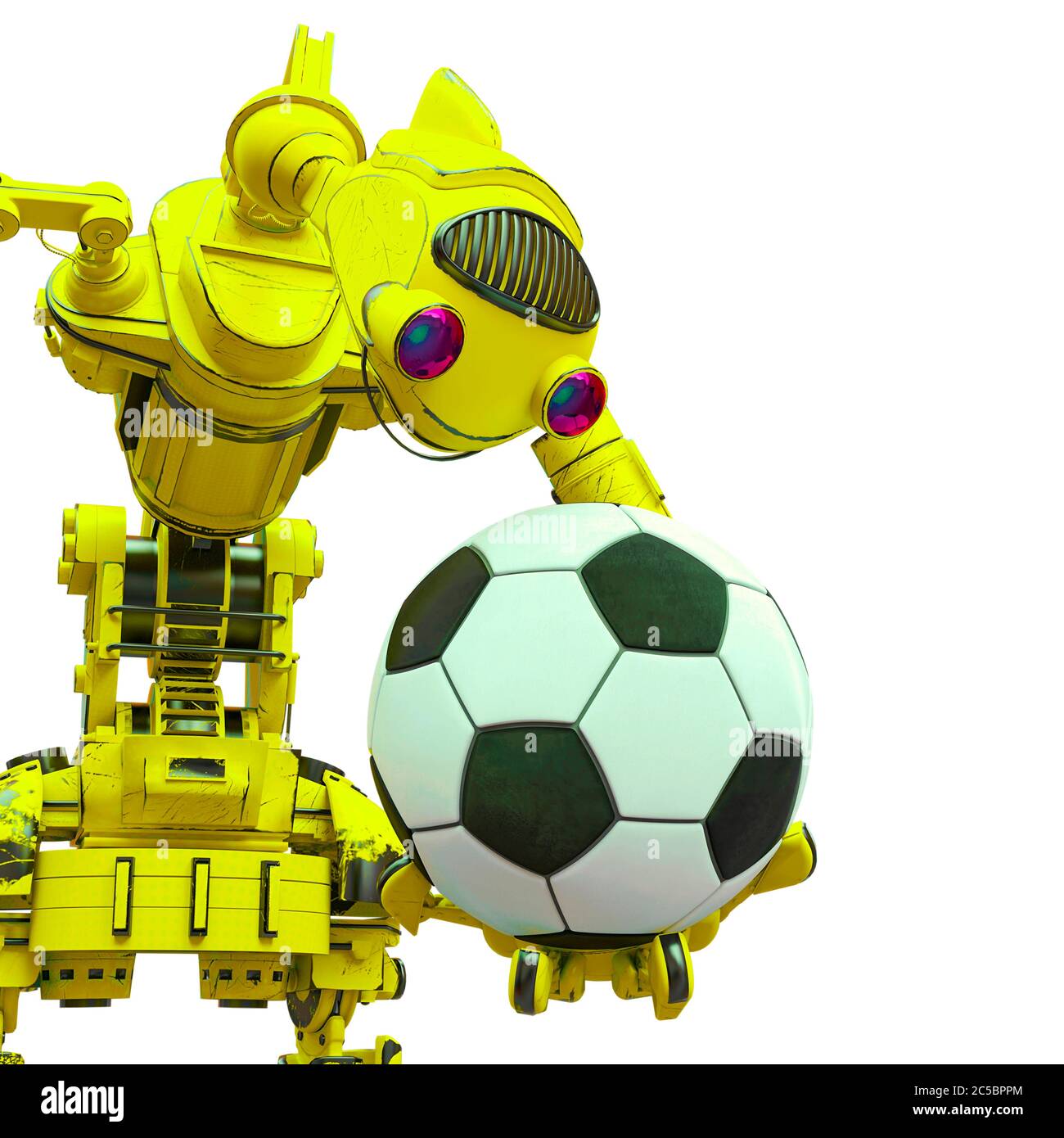 friendly robot is holding a football ball in white background close up ...