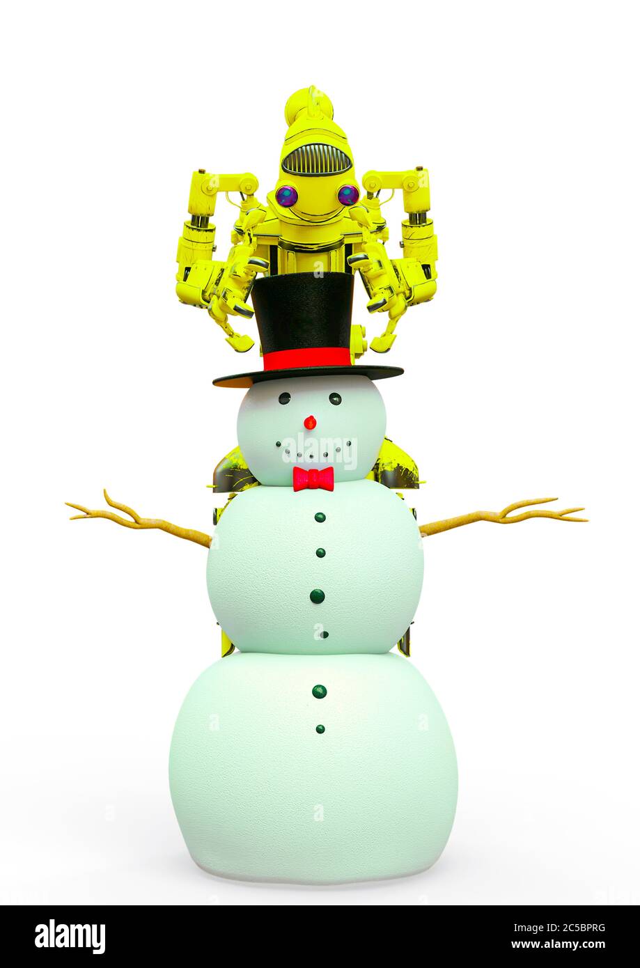 friendly robot is building a snow man in white background front view ...