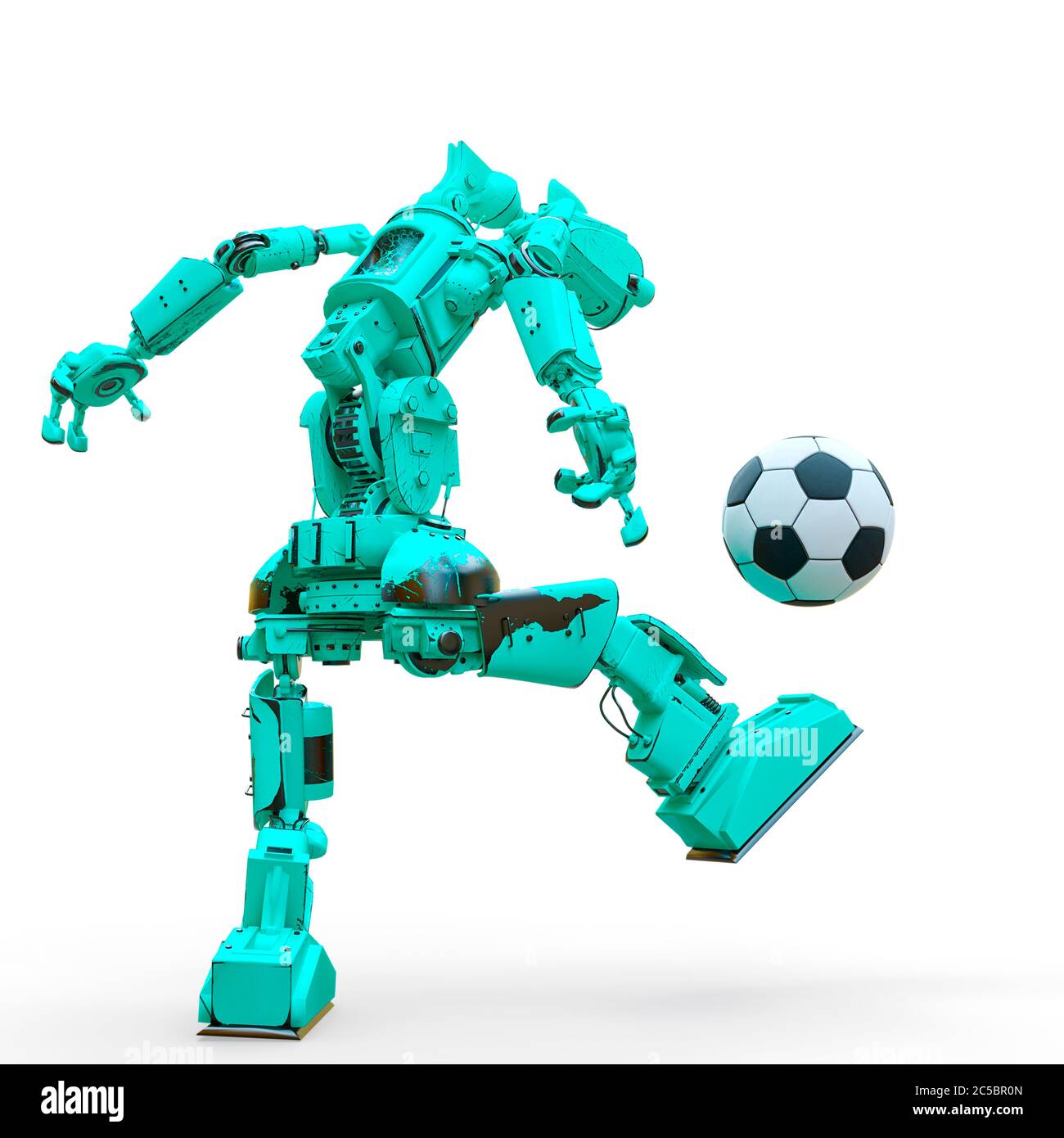 friendly robot is playing football in white background rear view, 3d ...