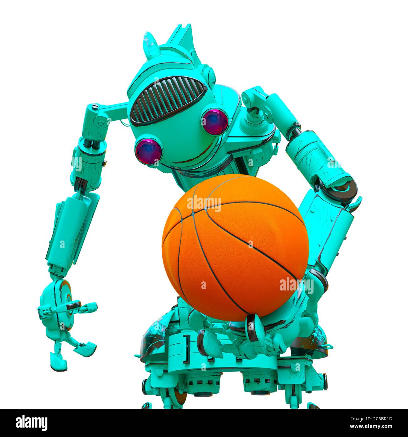 friendly robot is holding a basketball ball in white background, 3d ...