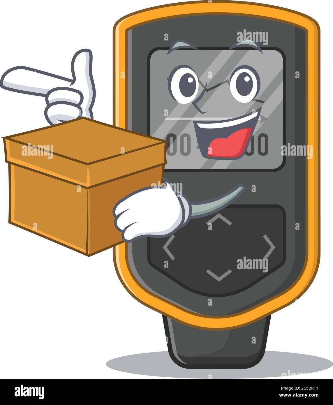 A smiling dive computer cartoon mascot style having a box Stock Vector ...