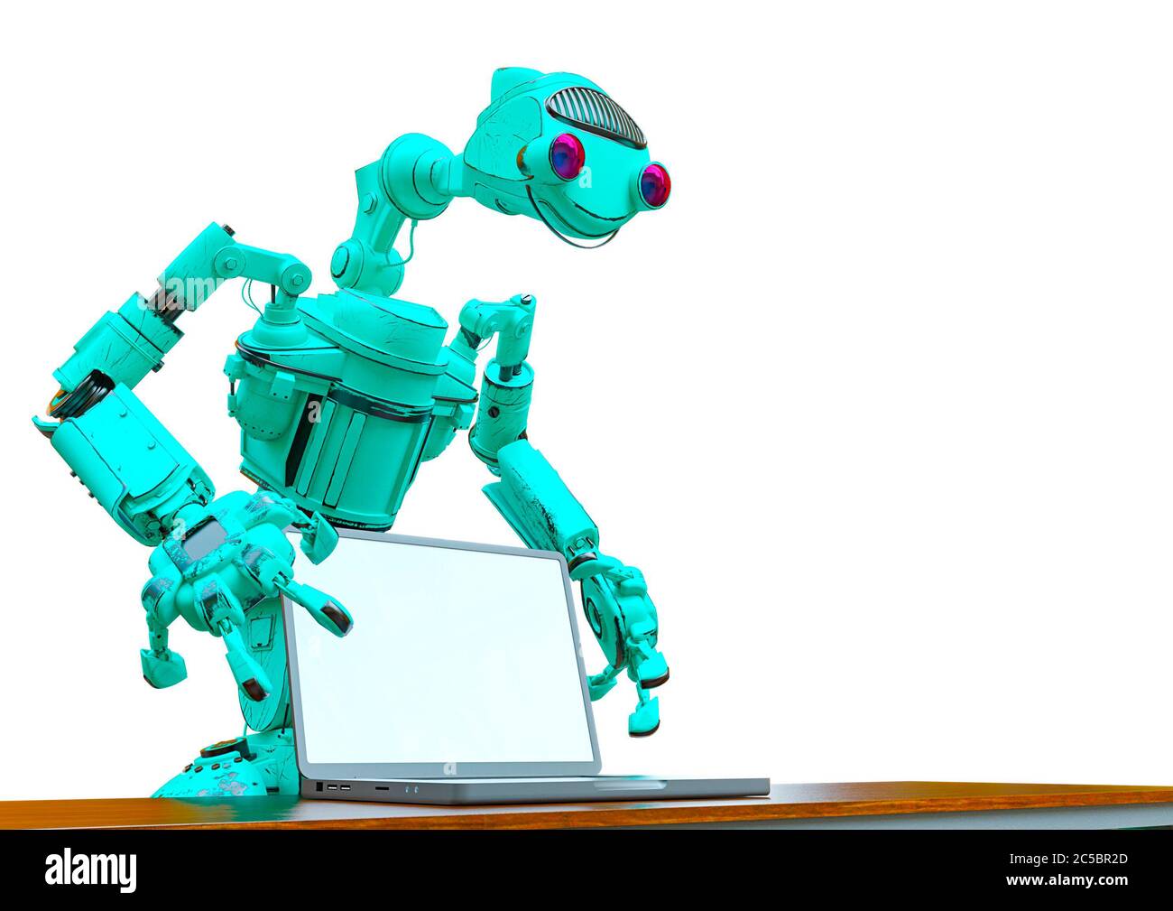 friendly robot with a laptop in white background side view, 3d ...