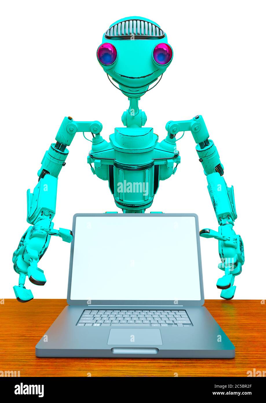 friendly robot with a laptop in white background close up, 3d ...