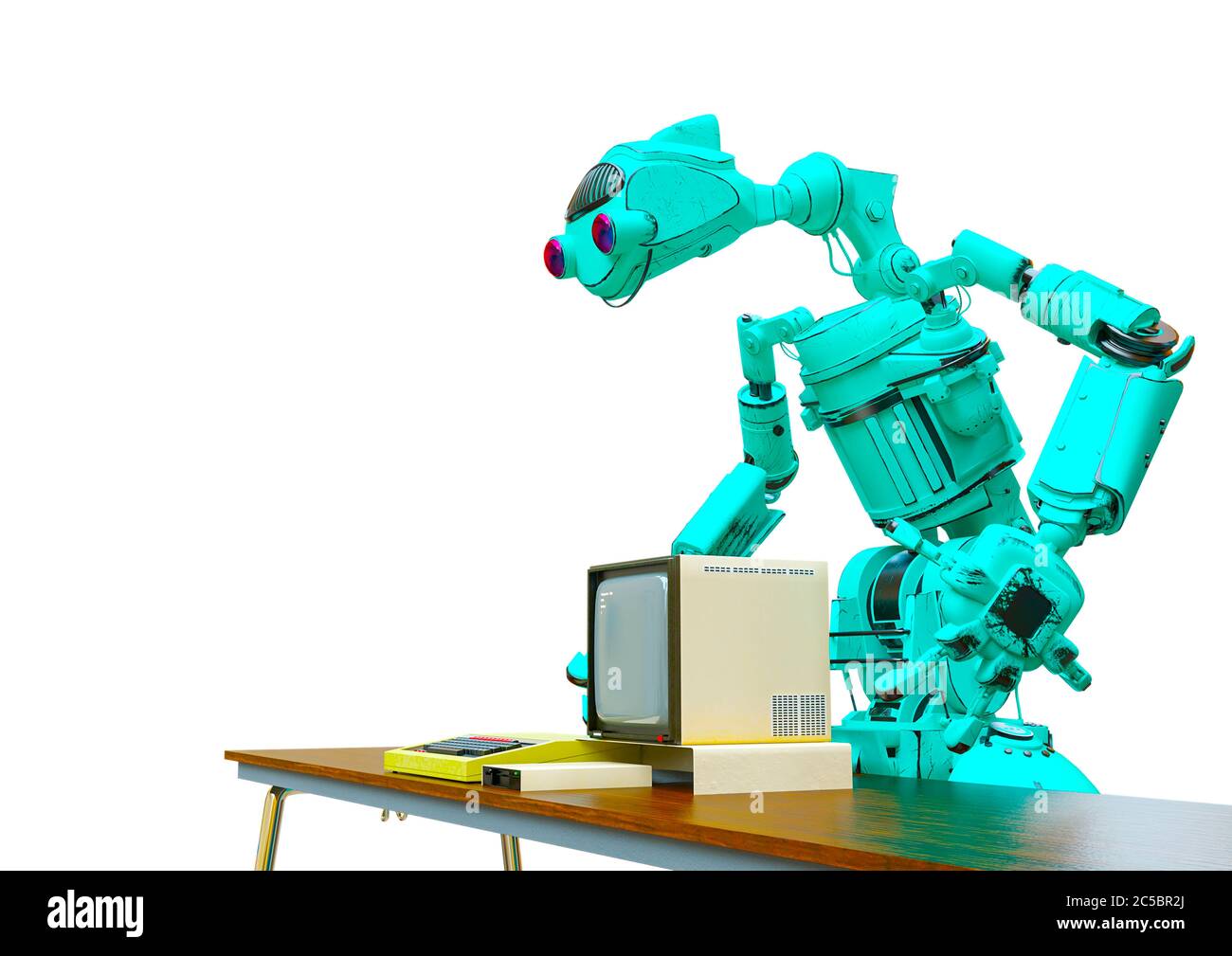 friendly robot with an old desktop computer in white background with ...