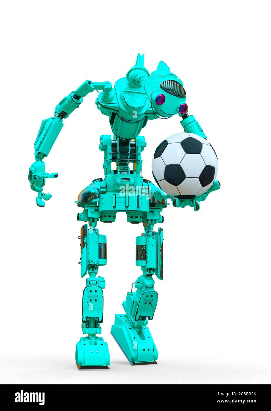 friendly robot is holding a football ball in white background, 3d ...